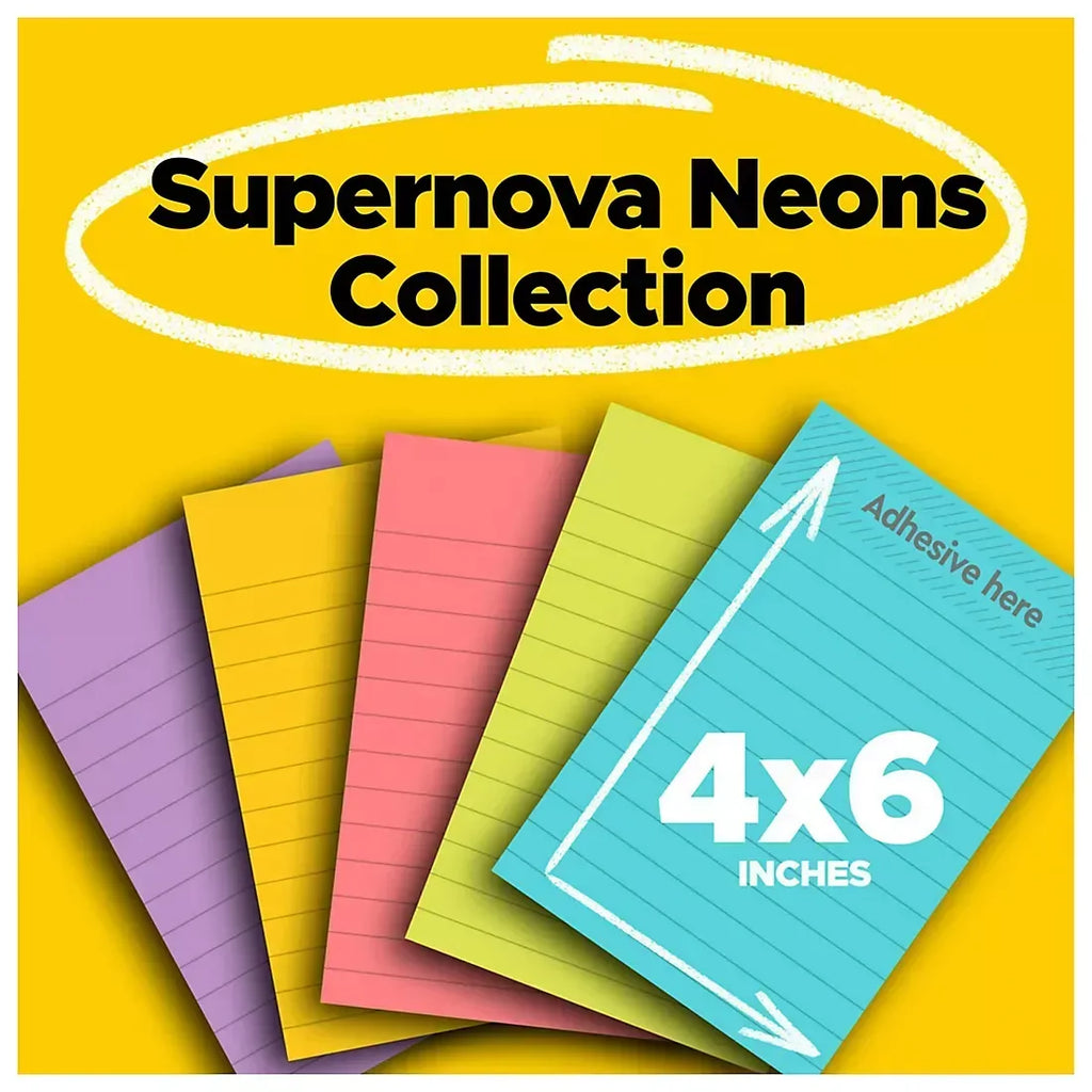 Post-it Super Sticky Notes, 4" x 6", Supernova Neons Collection, Lined ...