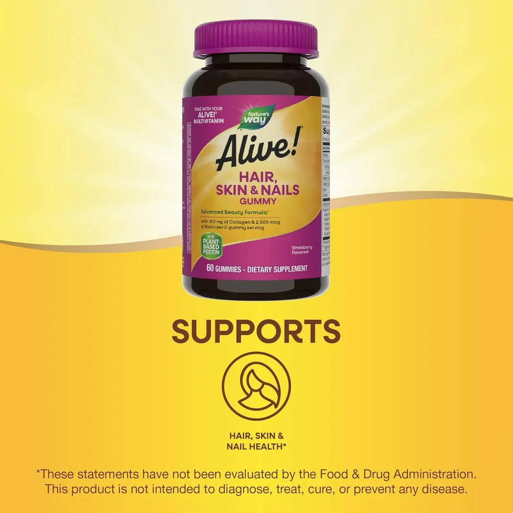 Nature's Way, Alive! Hair, Skin & Nails Gummies, Strawberry, 60 Gummie ...