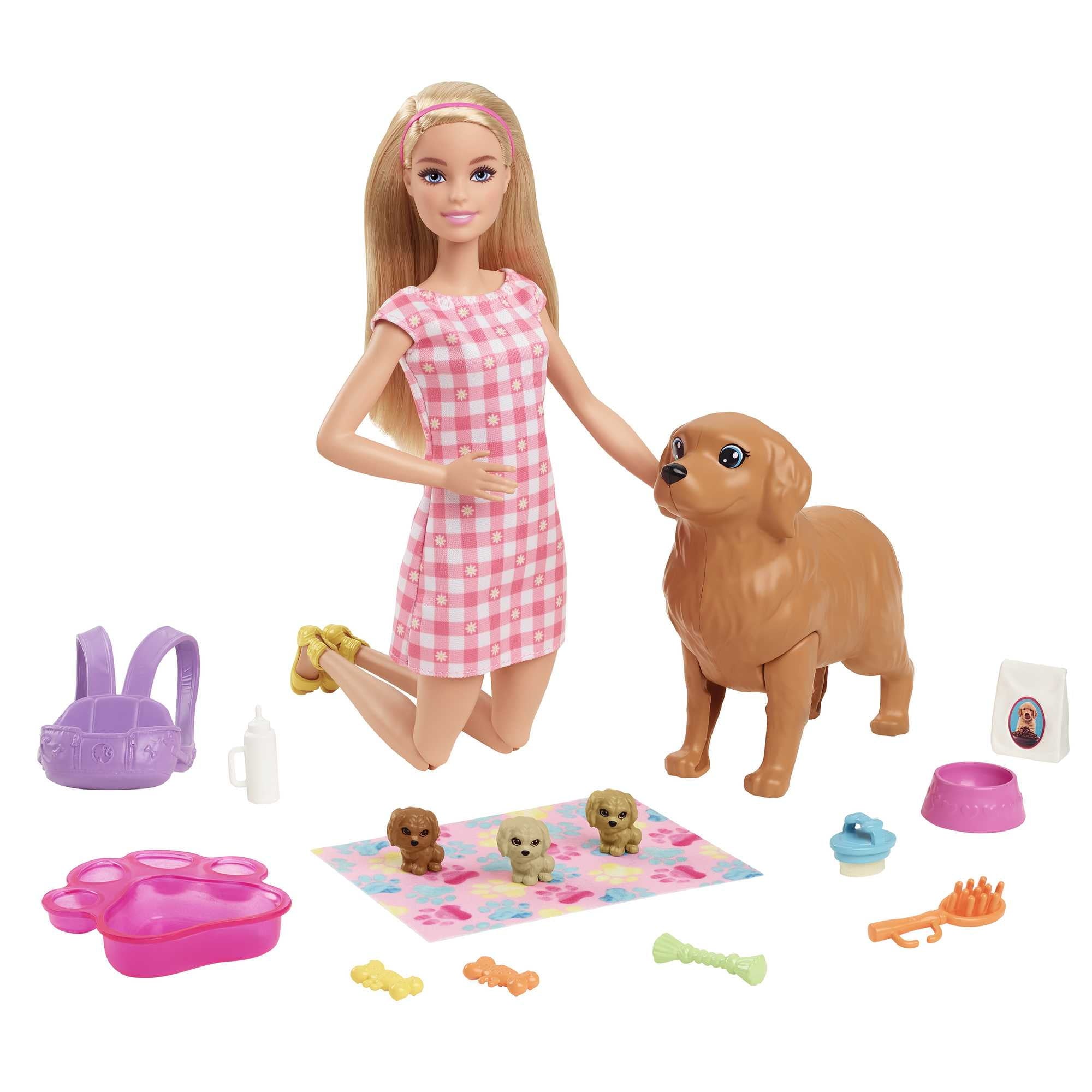 Barbie Doll & Newborn Pets Playset with Pregnant Mom Dog, Color-Change ...