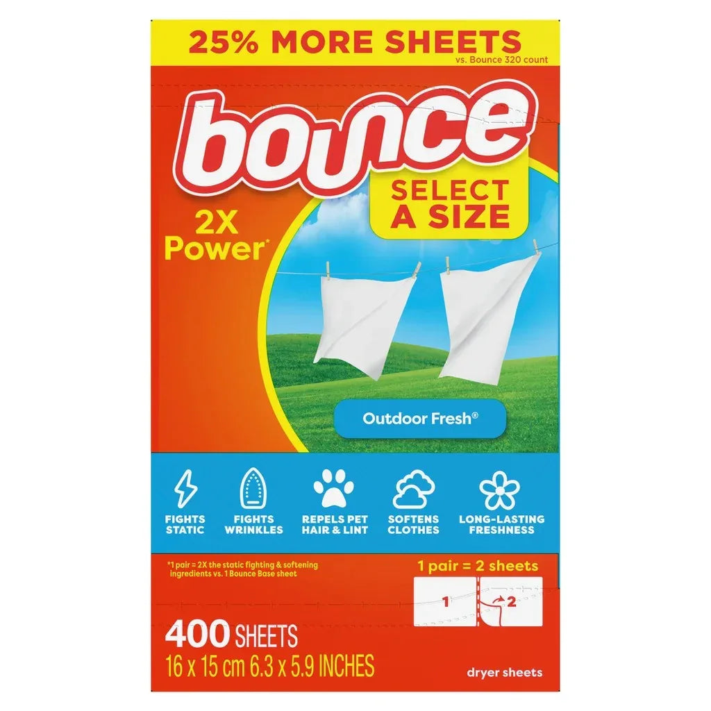 Bounce Select a Size Fabric Softener Dryer Sheets, Outdoor Fresh, 400 ...