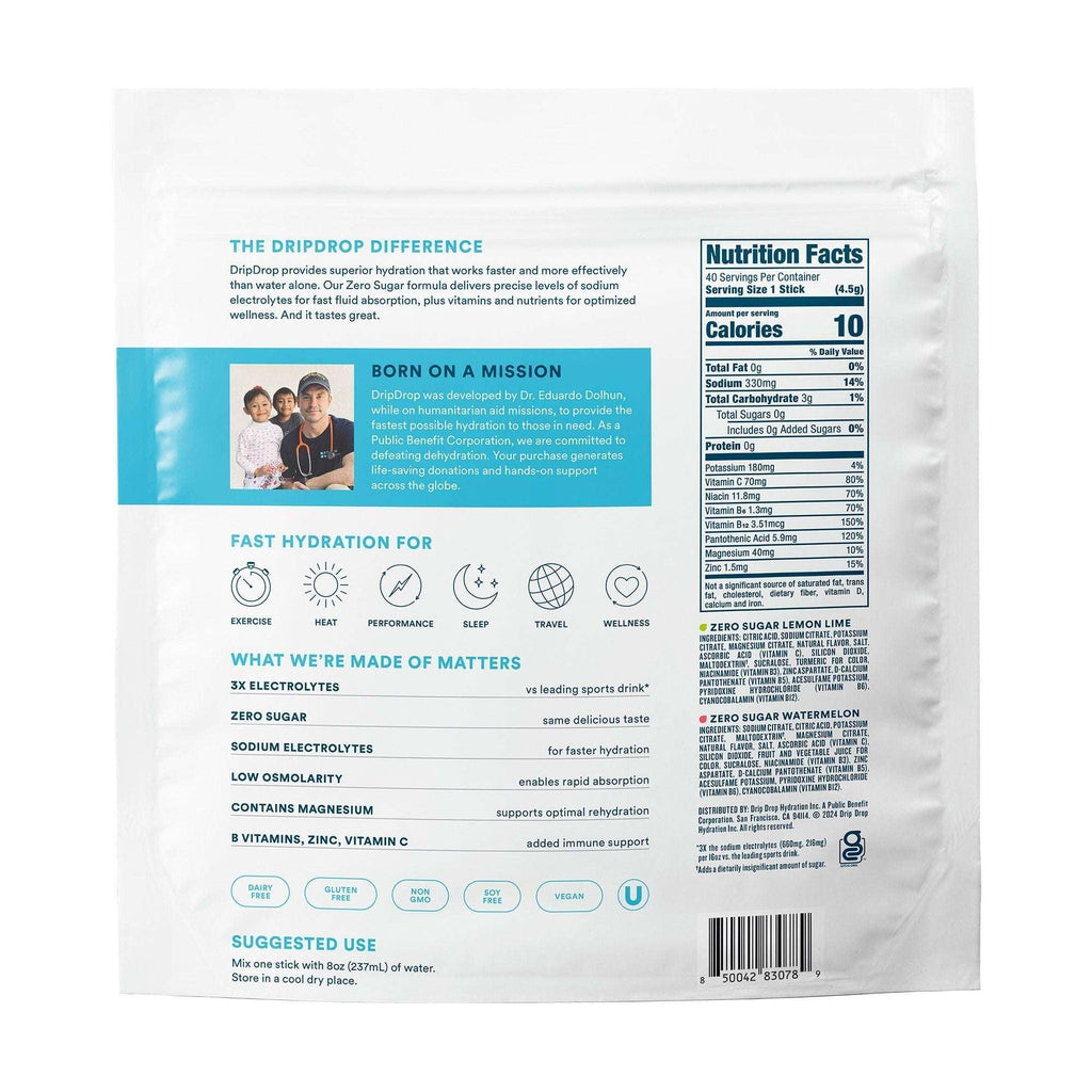 DripDrop Hydration Zero Sugar Electrolytes, 40 Individual Sticks in Re ...