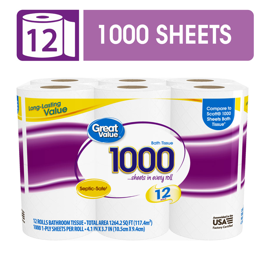 Great Value 1000 Sheets per Roll Toilet Paper, 12 Rolls, Compare to Sc ...