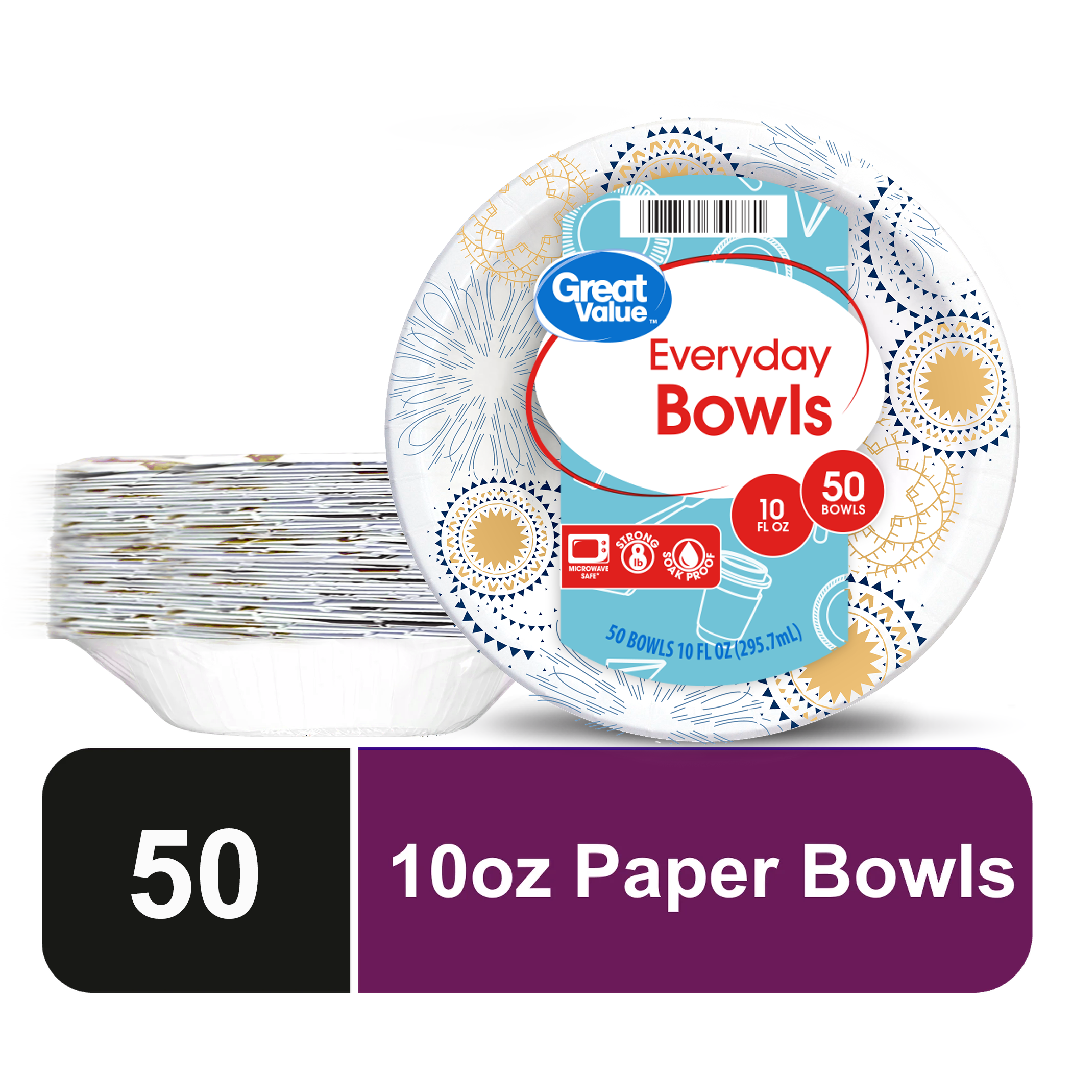 Great Value Everyday Disposable Patterned Paper Bowls, 10 oz, 50 Count ...