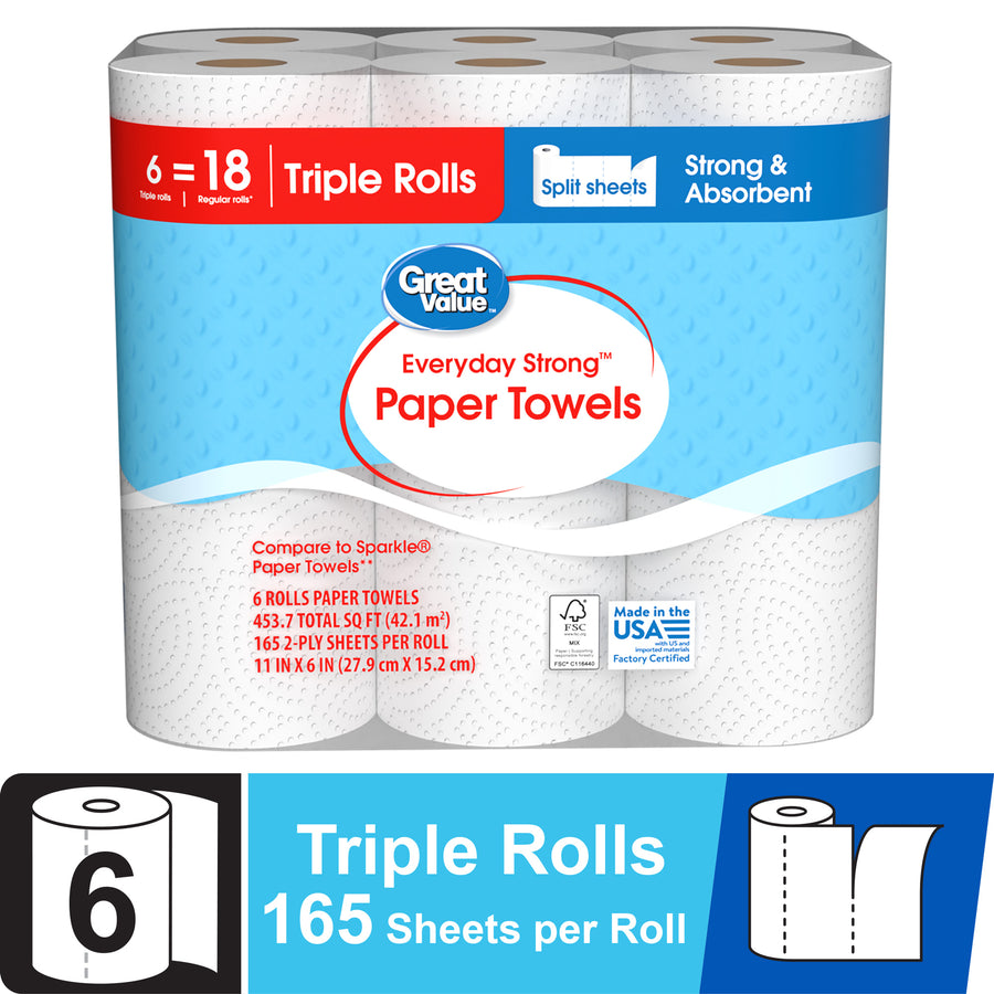 Great Value Everyday Strong Paper Towels, 6 Triple Rolls, Split Sheets ...
