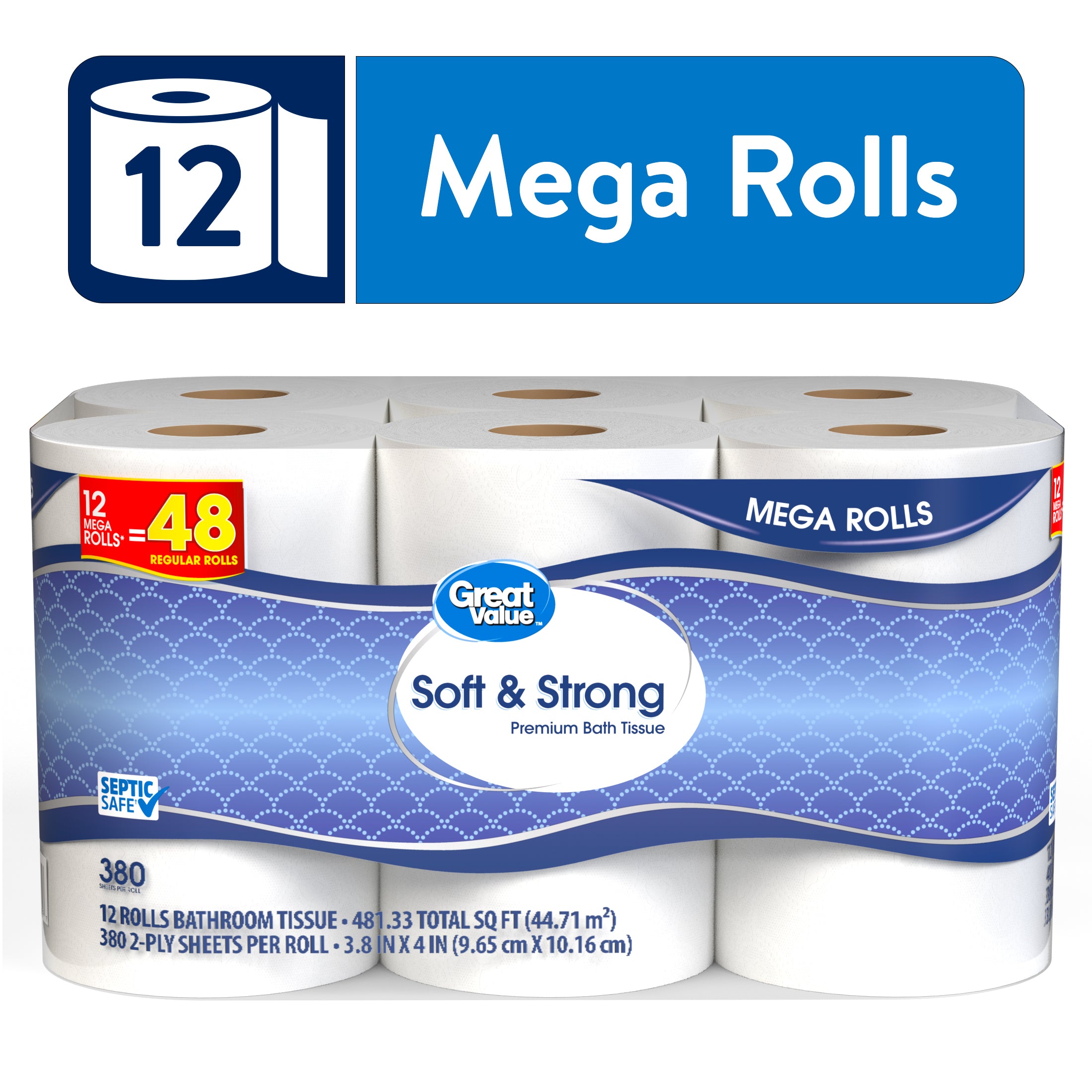 Great Value Soft & Strong Premium Toilet Paper, 12 Mega Rolls– Brands ...