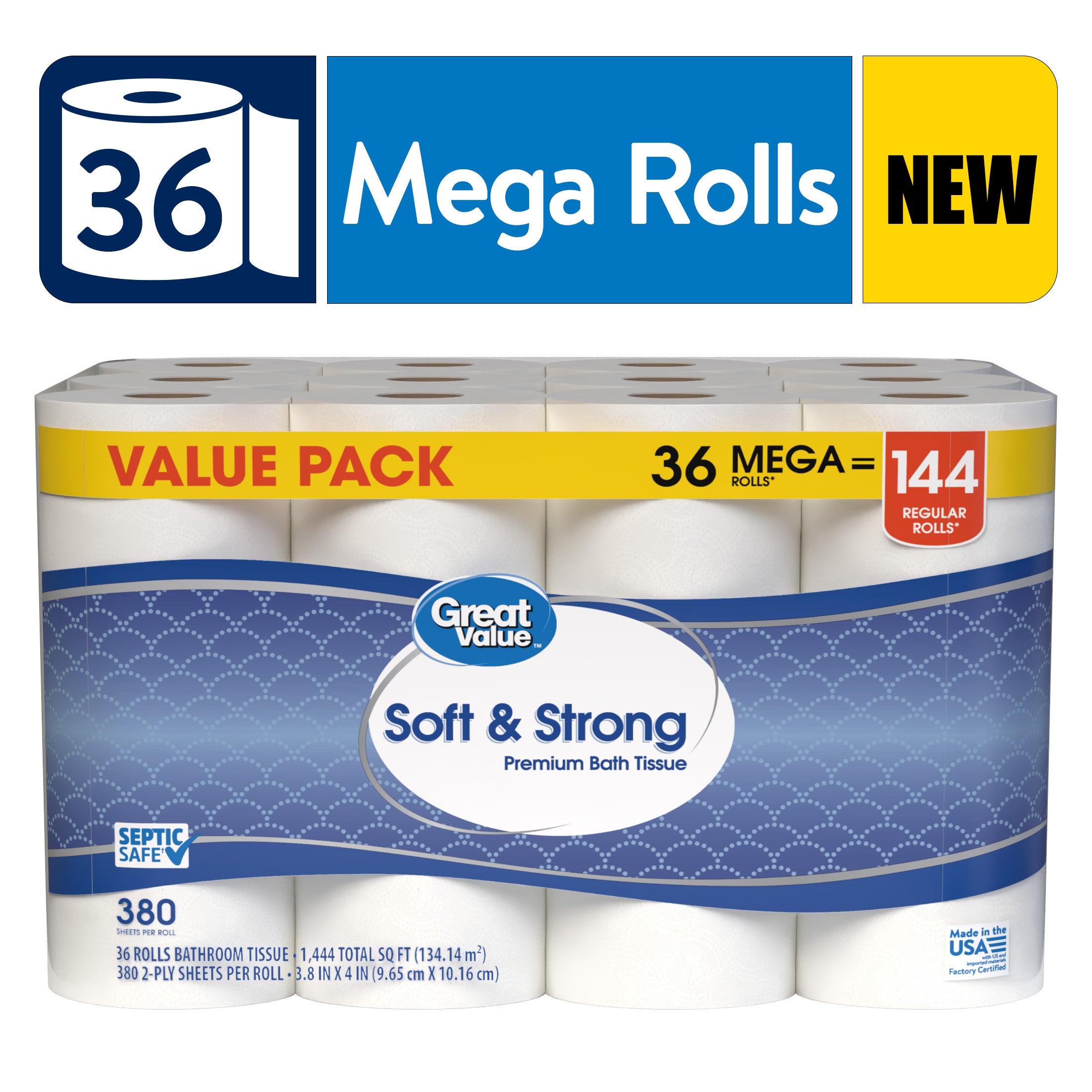 Great Value Soft & Strong Premium Toilet Paper, 36 Mega Rolls, 380 She ...