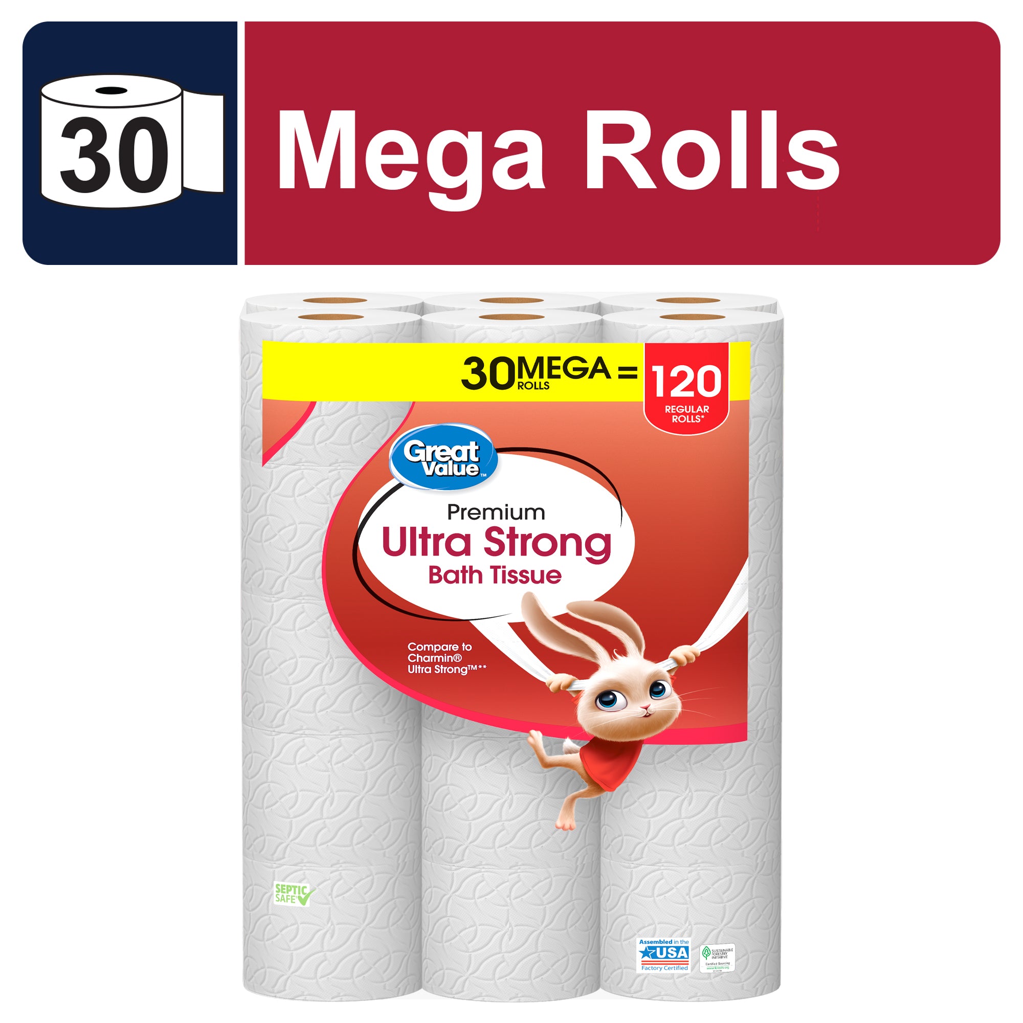 Great Value Ultra Strong 2-Ply Toilet Paper, 30 Mega Rolls, Compare to ...