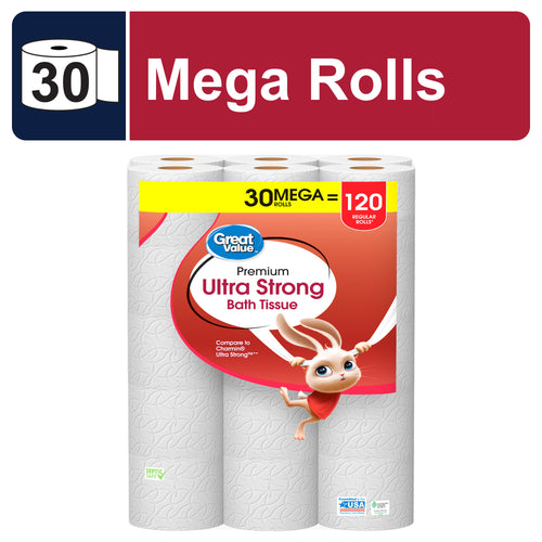 Great Value Ultra Strong 2-Ply Toilet Paper, 30 Mega Rolls, Compare to ...