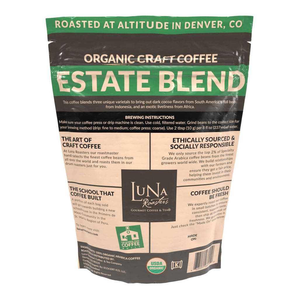 Luna Roasters Organic Estate Blend Craft Whole Bean Coffee, Dark Roast ...