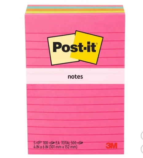 Post-it® Notes, 4 in. x 6 in. Assorted Colors, 100 Sheets, 5-pack ...