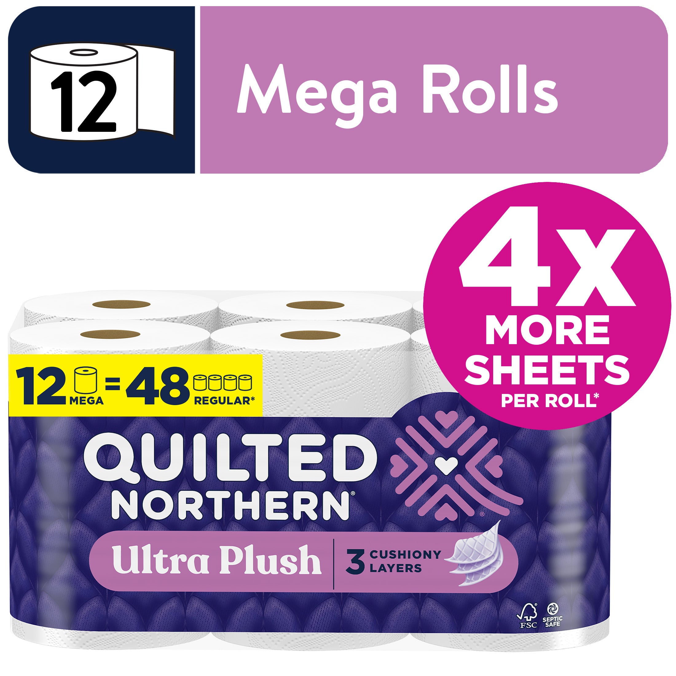 Quilted Northern Ultra Plush 3-Ply Toilet Paper, 12 Mega Rolls, 255 Sh ...