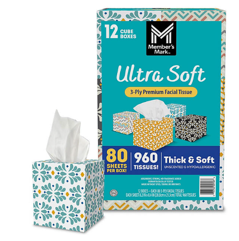 Member's Mark Ultra Soft 3-Ply Facial Tissues, Cube Boxes 80 tissues/b ...