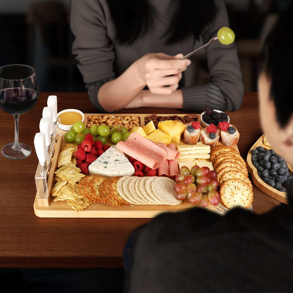 Hecef Bamboo Cheese Board and Knife Set, 13-Piece Large Charcuterie Se ...